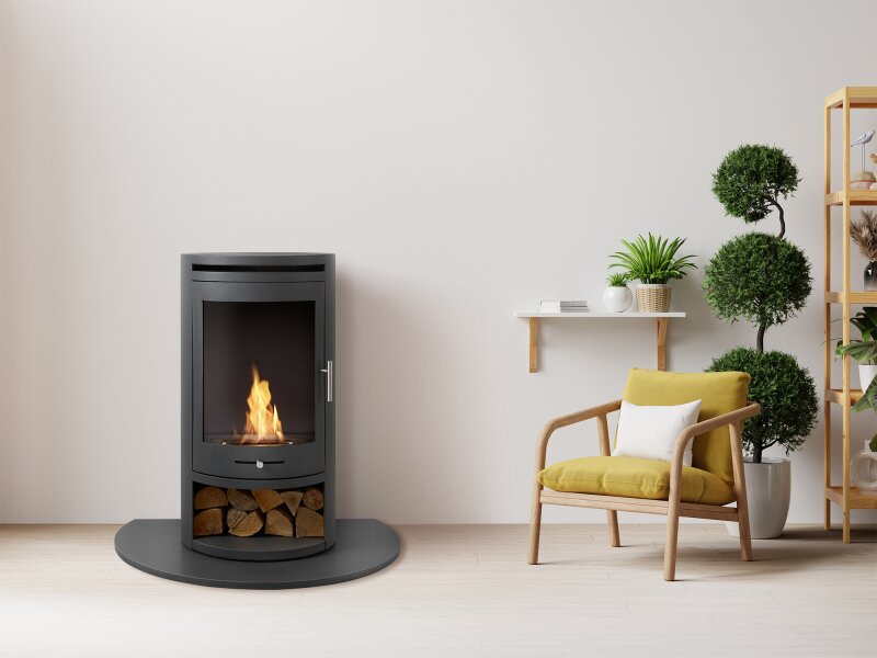 OKO S5 Bio Ethanol Cylinder Stove with Log Storage in Charcoal Grey ...